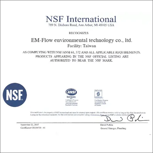 EM-Flow NSF International Certificate - EM-FLOW